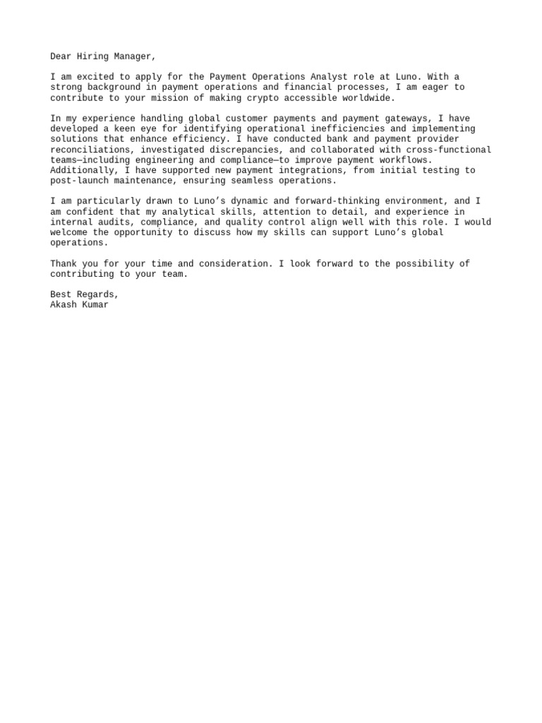 Cover Letter Luno | PDF