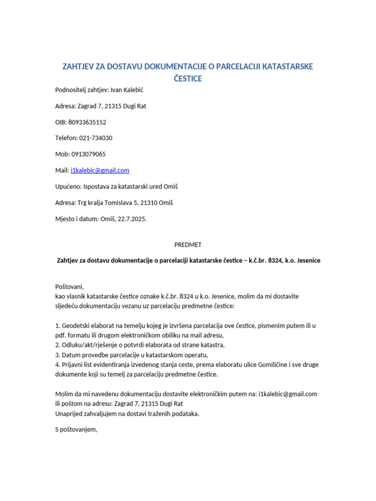 Zahtjev Za Parcelaciju | PDF
