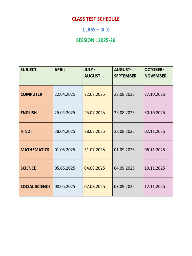 10th Class Test Schedule 2025-26 | PDF