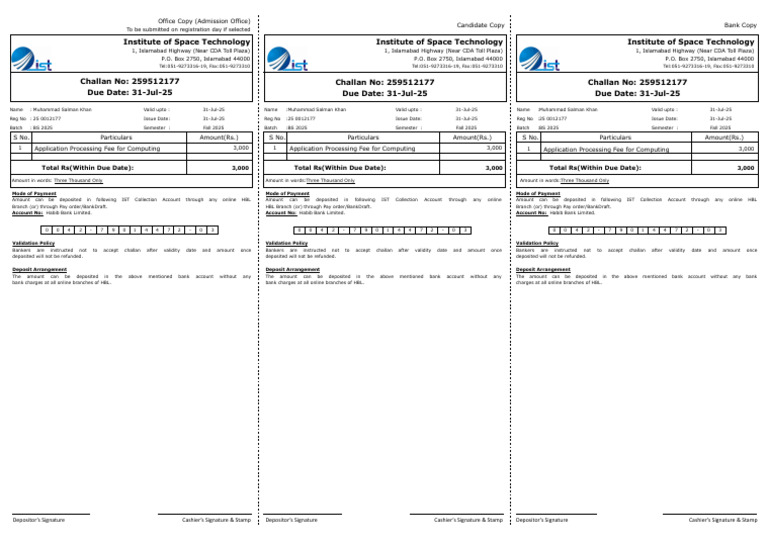 IST Admission Fee Payment Challan | PDF | Banks | Institutional Investors