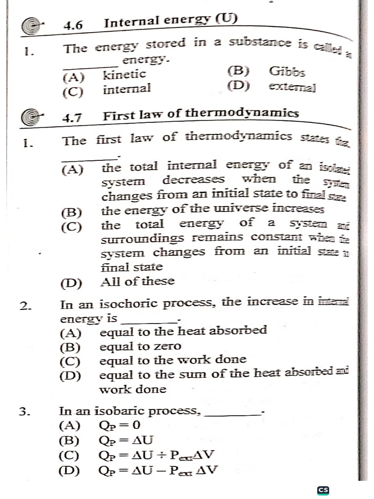 Chemical Thermodynamics Entrance (Internal Energy) | PDF