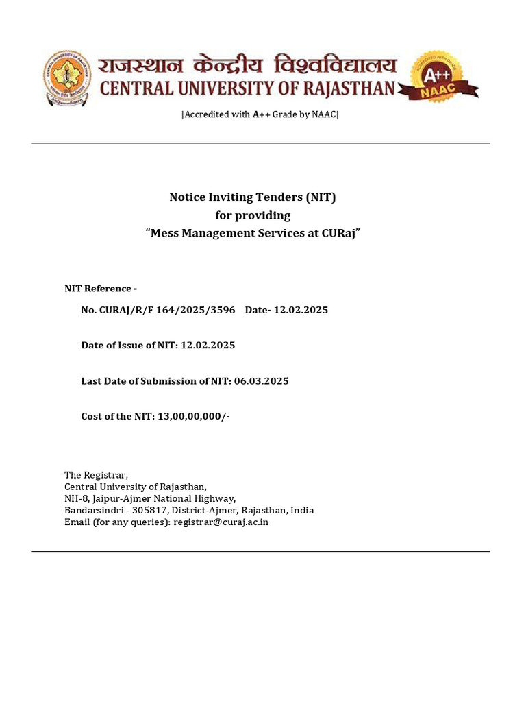 Tender Notice and Document For Mess Management Services at Central University of Rajasthan | PDF ...