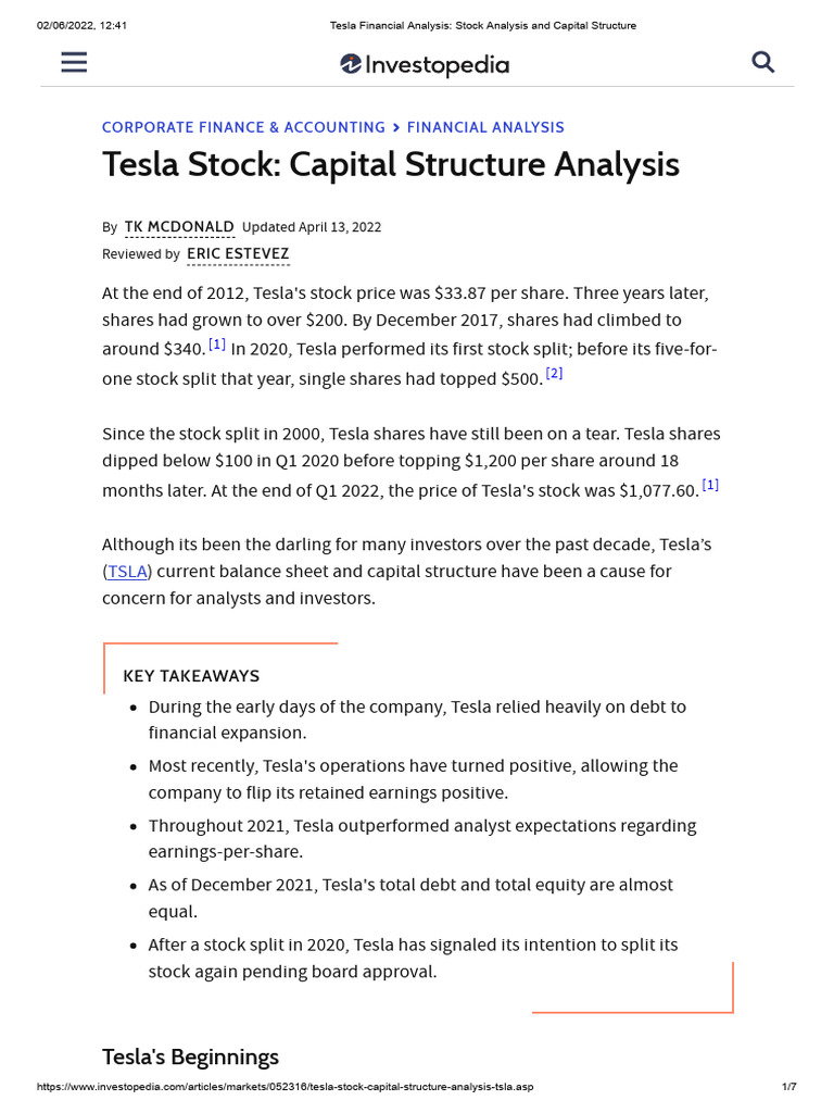 Tesla Stock and Capital Structure Analysis | PDF | Equity (Finance ...