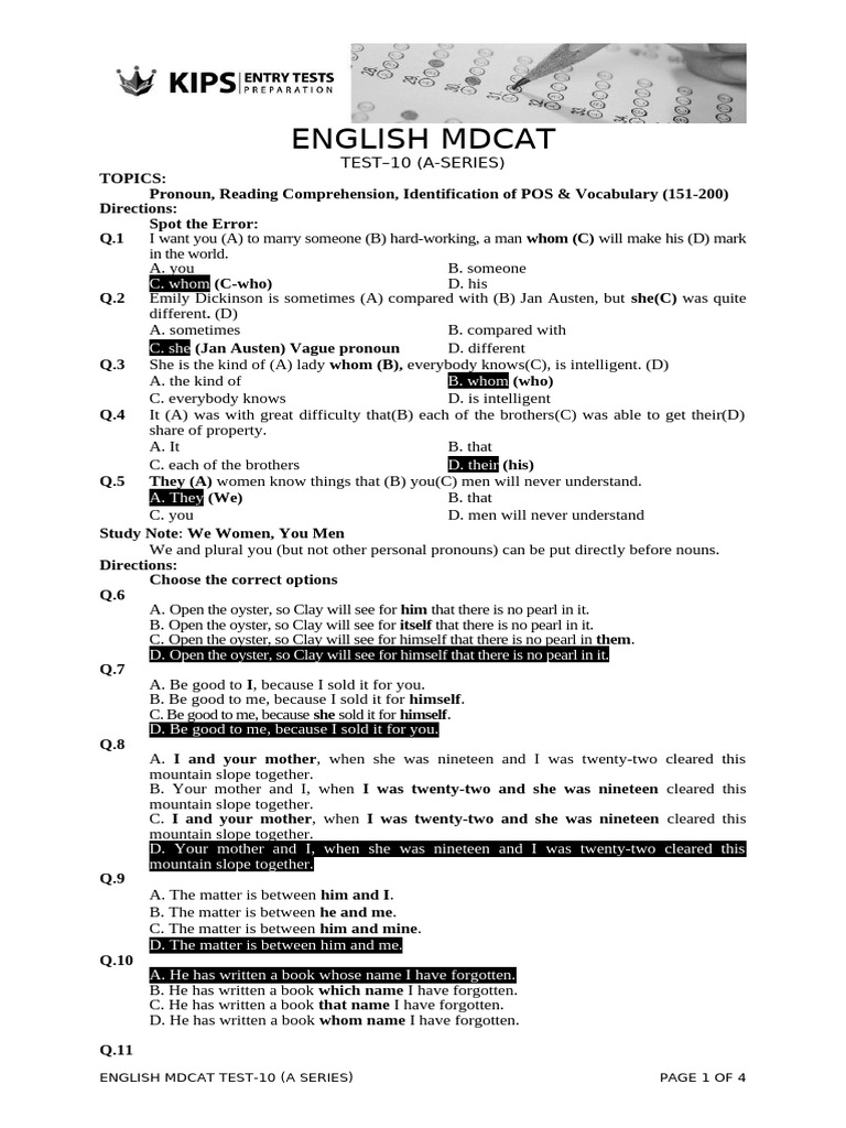 UNIT-10 Pronouns, Reading Comprehension & Vocabulary (161-200) | PDF ...