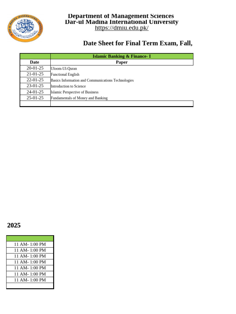 IBF Fall 2025 Final Term Date Sheet (BS Islamic Banking & Finance) | PDF
