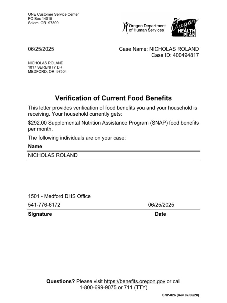 Verification of Current Food Benefits: ONE Customer Service Center PO ...