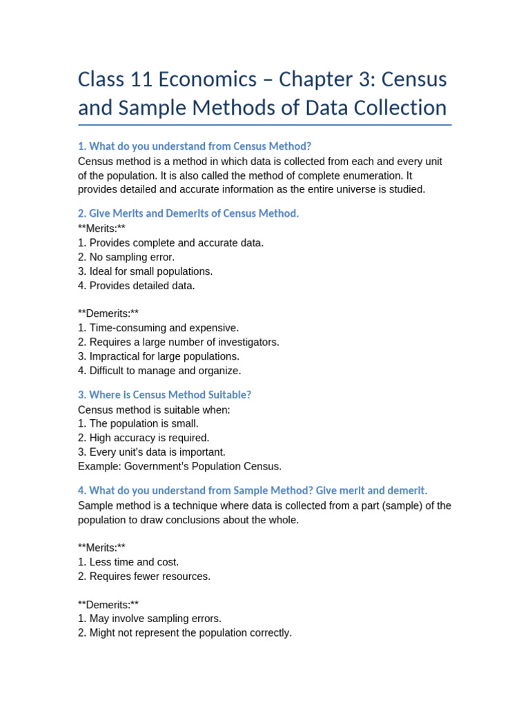 Class 11 Economics Chapter 3 QA | PDF | Sampling (Statistics) | Census