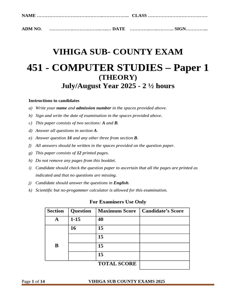 Vihiga Sub County Comp Pp1 Question Paper | PDF | Computer Science | Computer Architecture