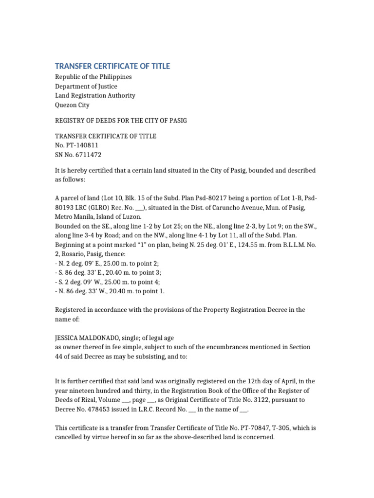 Transfer Certificate of Title | PDF