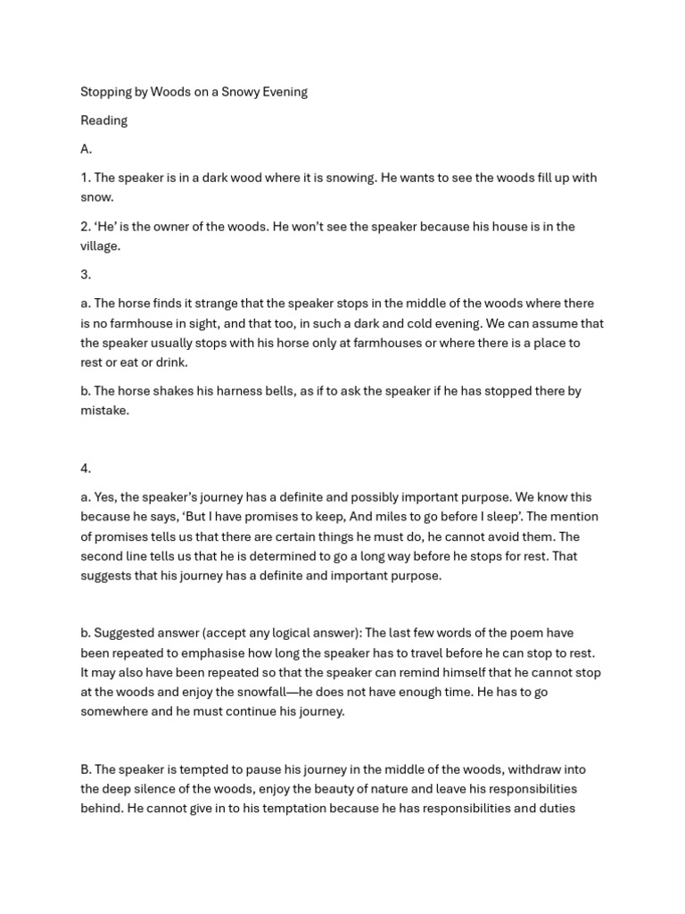 Answer Key Stopping by Woods On A Snowy Evening Cls 8 | PDF | Snow