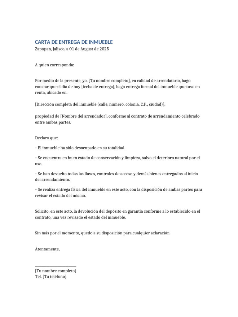 Carta Entrega Inmueble REARQ | PDF