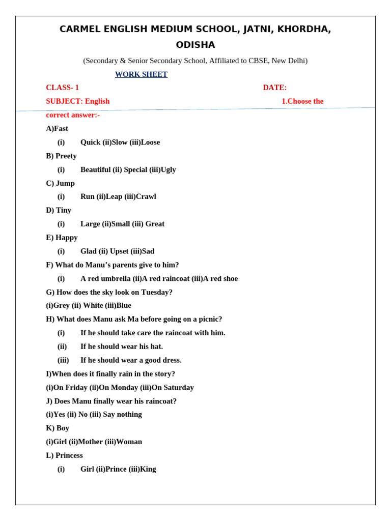Class 1 English Worksheet Answers | PDF