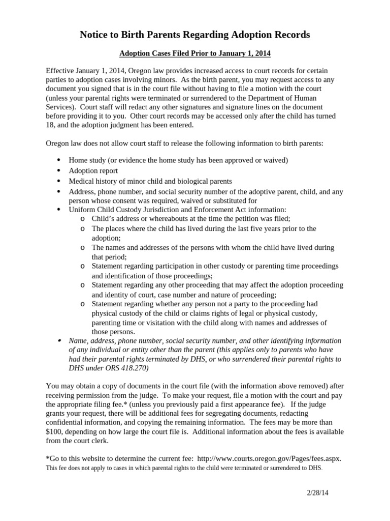 Notice To Birth Parents Regarding Adoption Records | PDF | Child ...
