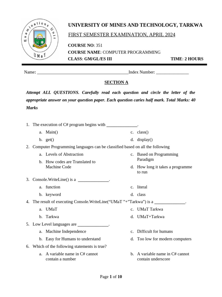 GM-GL-ES 351 - Computer Programming | PDF | C Sharp (Programming Language) | Boolean Data Type