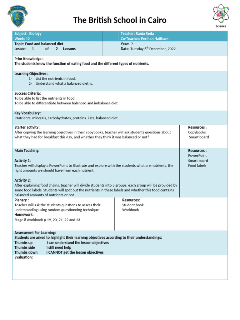 Food and Balanced Diet Lesson Plan L2 (Week 12) | PDF | Foods | Diet ...