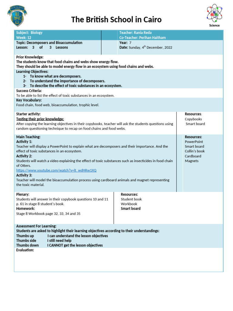 Decomposers and Bioaccumulation Lesson Plan L1 (Week 12) | PDF | Food ...