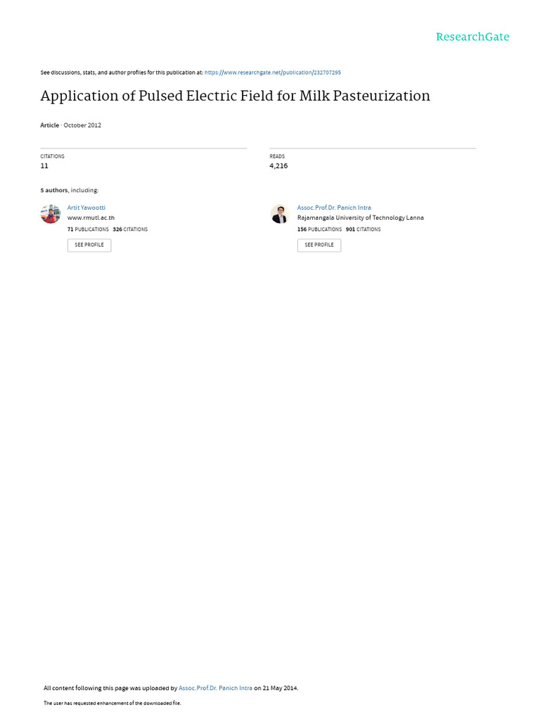 Application of Pulsed Electric Field For Milk Pasteurization | PDF