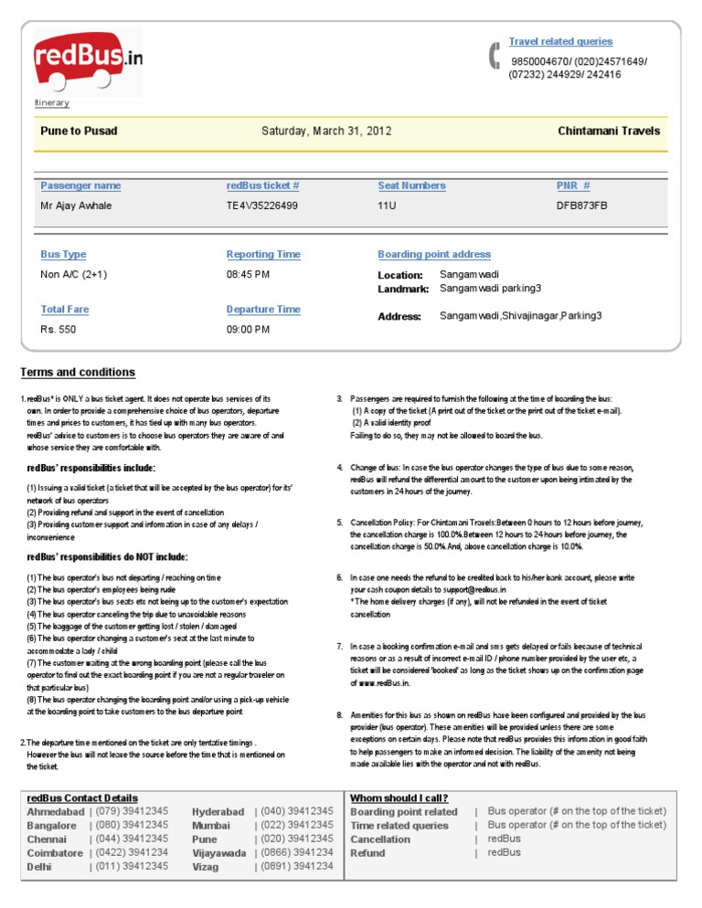 Red Bus Ticket Pune 2 Pusad 31 March 12 | PDF | Ticket (Admission) | Bus