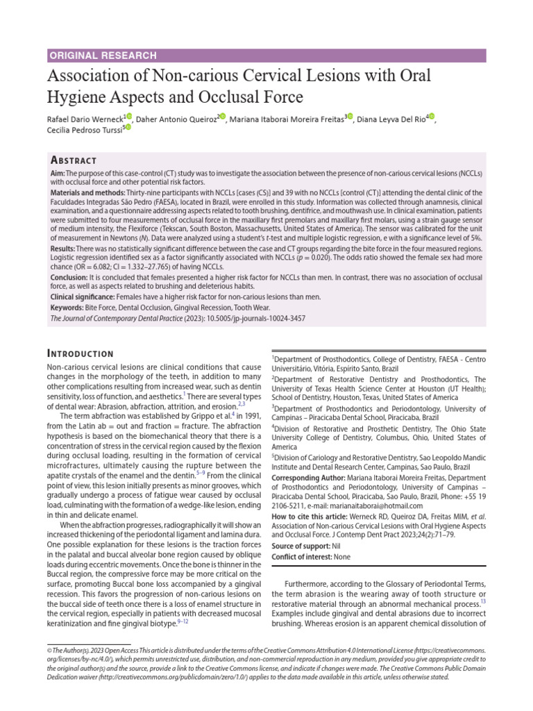 Association of Non-Carious Cervical Lesions With Oral Hygiene Aspects ...
