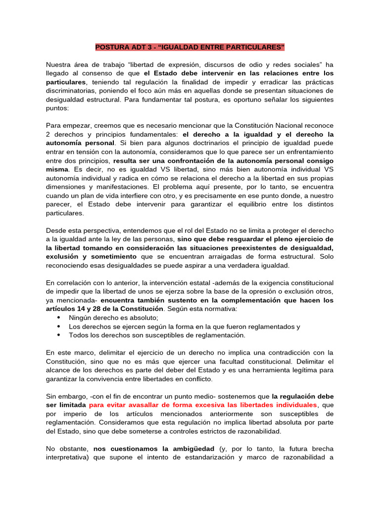 Postura Sobre Tematica Adt 2 | PDF | Libertad | Libertad de expresión