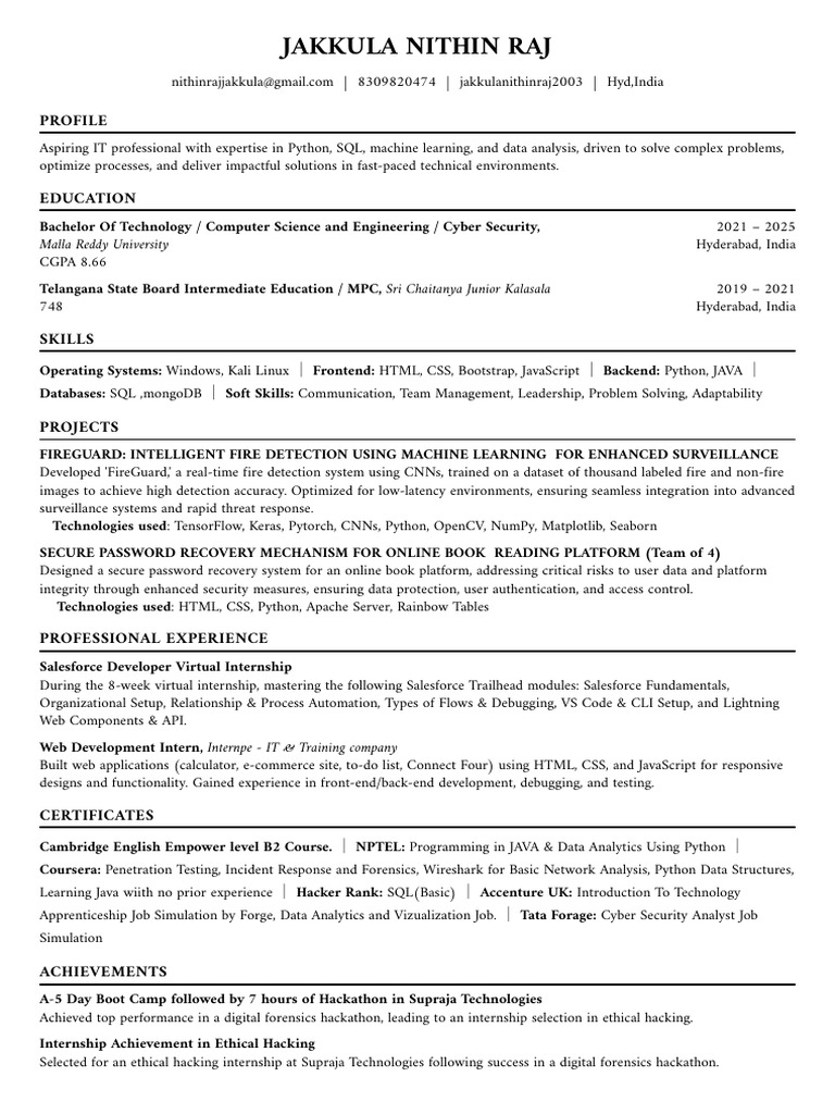 Jakkula Nithin Raj Flowcv Resume 20250201 | PDF | Security Hacker | Computer Security
