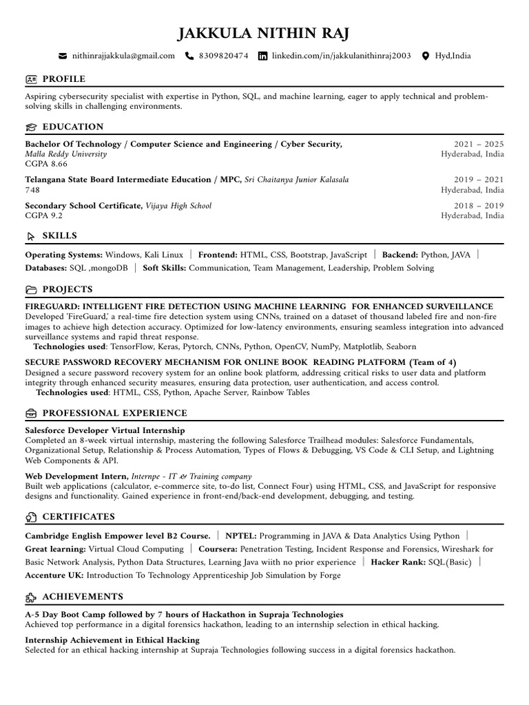 Jakkula Nithin Raj Flowcv Resume 20250114 | PDF | Computer Security | Security