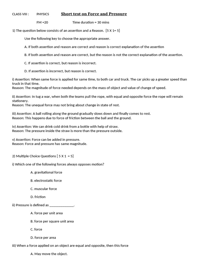 Short Test Force and Pressure | PDF | Force | Pressure