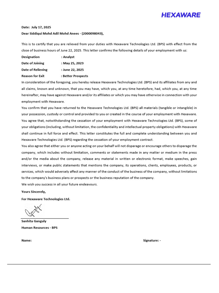 Experience Letter - Siddiqui Mohd Adil Mohd Anees | PDF | Common Law | Business