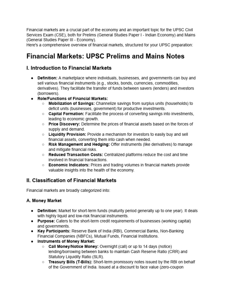 Overview of Financial Markets for UPSC | PDF | Repurchase Agreement ...