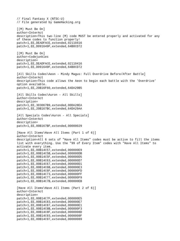 Final Fantasy X PNACH Codes Guide | PDF | Square Enix Franchises ...