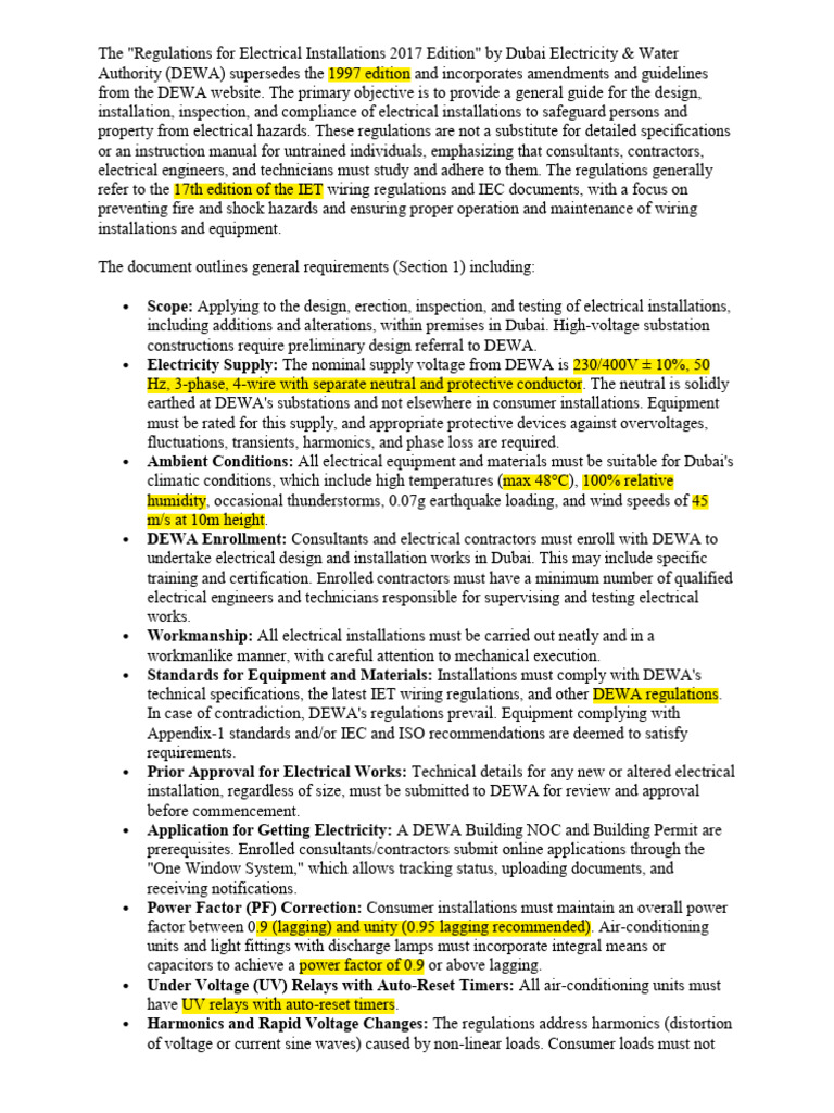 Dewa Regulations 2017 SUMMARY | PDF | Electrical Wiring | Photovoltaic ...