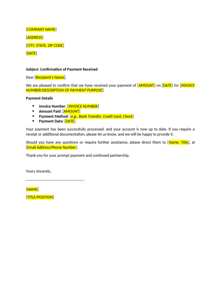 Payment Confirmation Received Letter | PDF