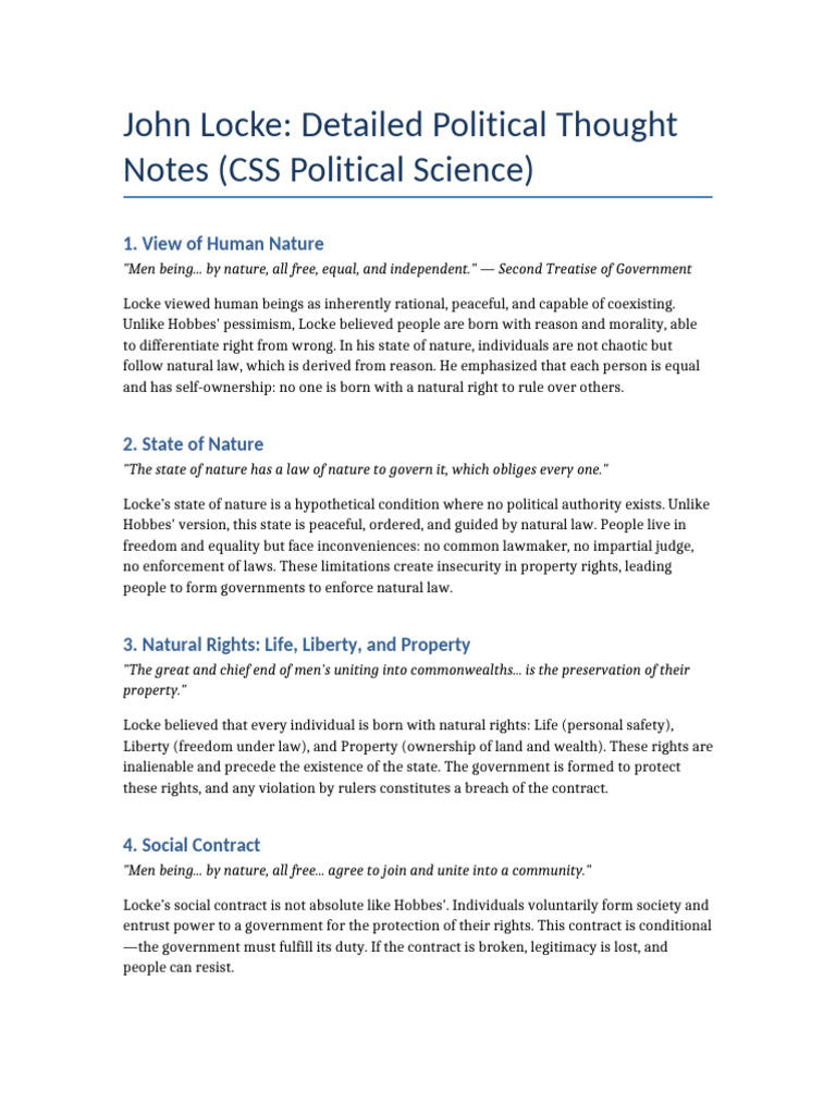 John Locke Detailed Notes CSS | PDF | Democracy | Political Ideologies