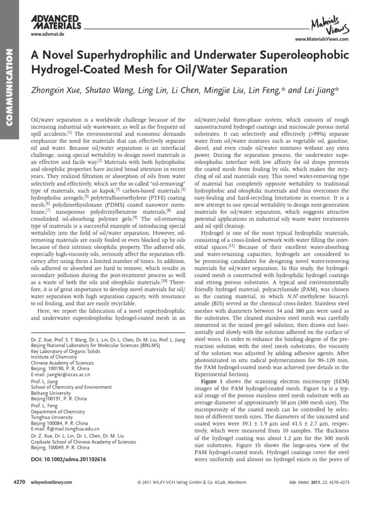 A Novel Superhydrophilic and Underwater Superoleophobic Hydrogel-Coated ...