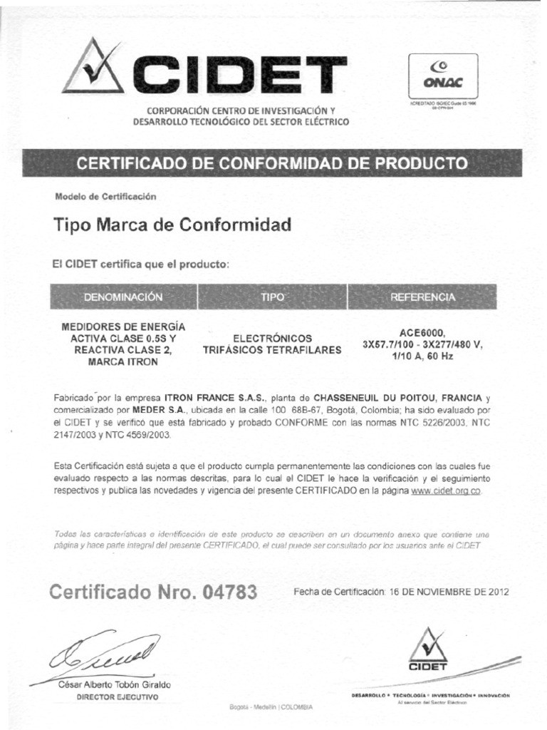 CIDET - ACE6000 CT CL0.5S 1 (10) A - Certificado #04783 | PDF