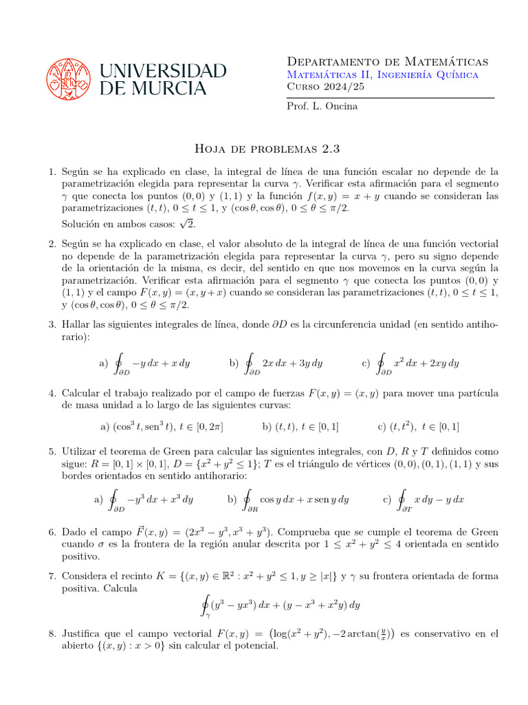 Problemas de Integrales de Línea en Matemáticas | PDF | Integral | Curva