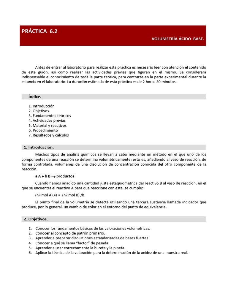 Practica 6.2 Volumetria Acido Base Guion | PDF | Valoración | Química