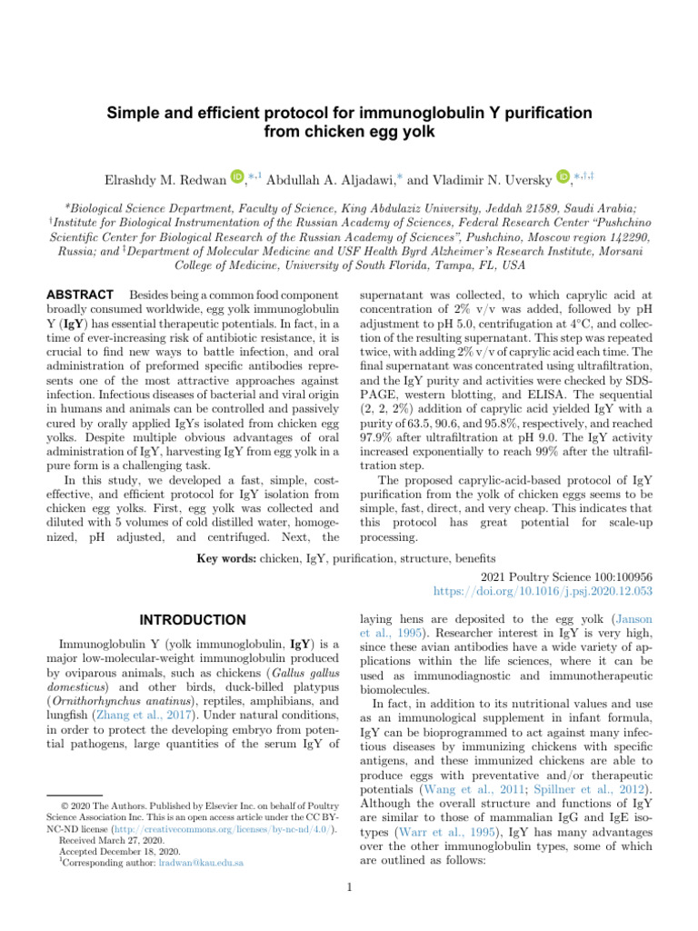 Simple and Efficient Protocol For Immunoglobulin Y Purification | PDF