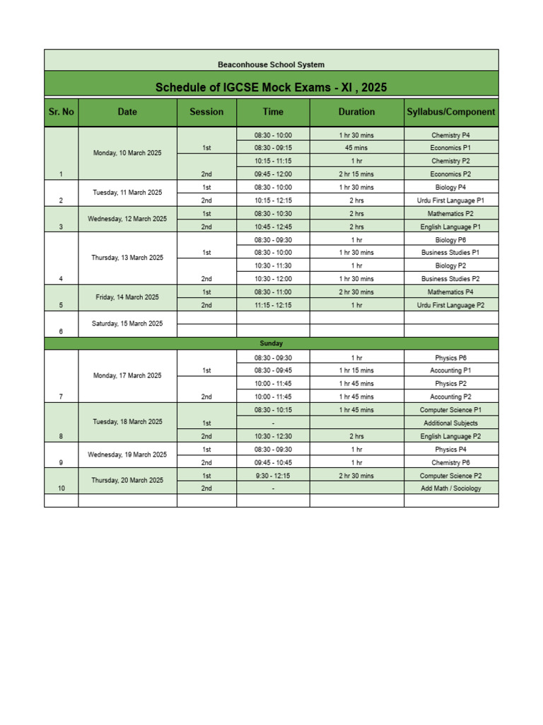 Grade 11 Mock Exam Timetable 2025 | PDF