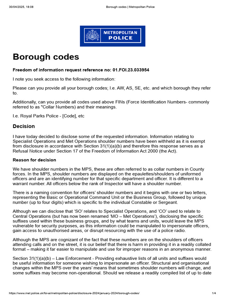 Met Police Borough and Shoulder Codes | PDF | Law Enforcement | Crime ...