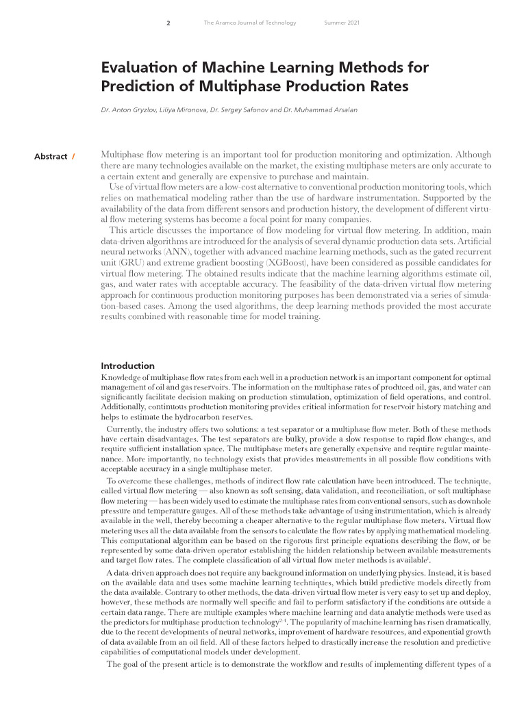 ARAMCO Evaluation of Machine Learning Methods For Prediction of ...
