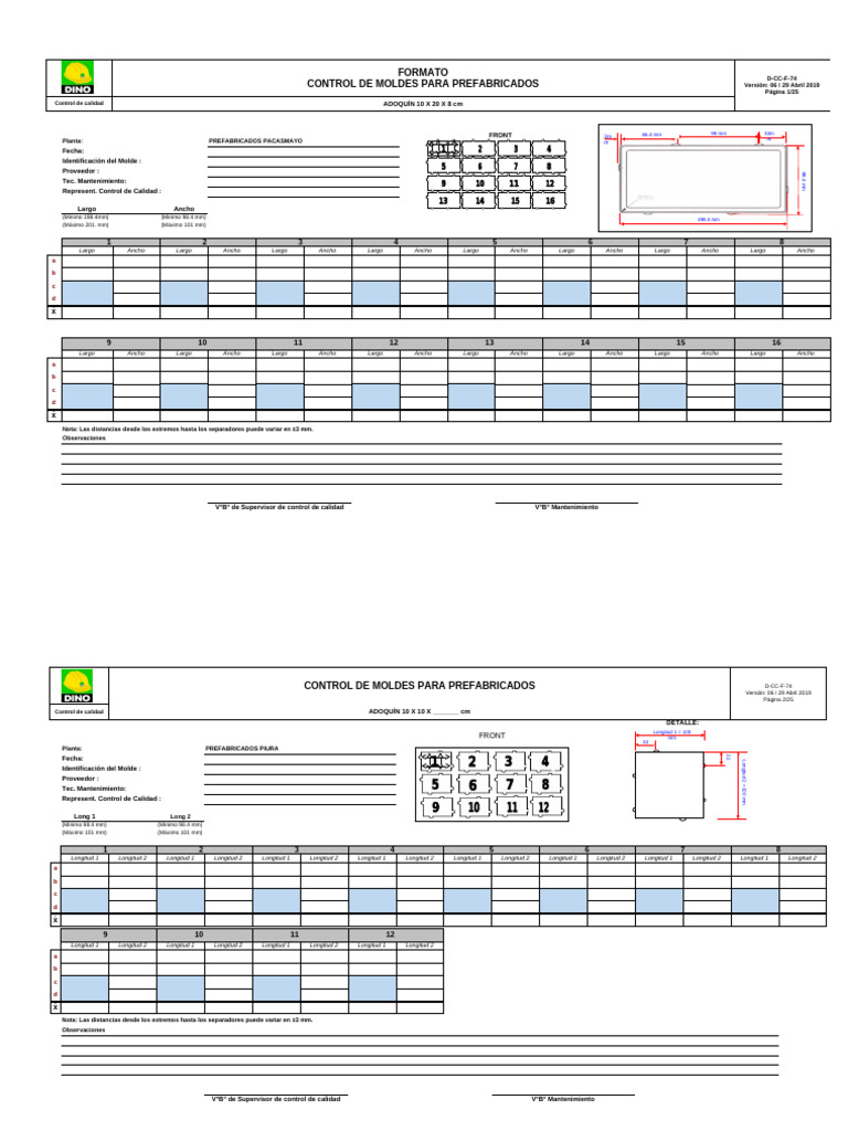 D-CC-F-74 VE06 Control de Moldes para Prefabricados (2019) | PDF | Longitud | Unidades de medida