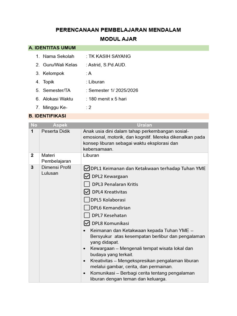 Modul Ajar Pembelajaran Mendalam PAUD | PDF