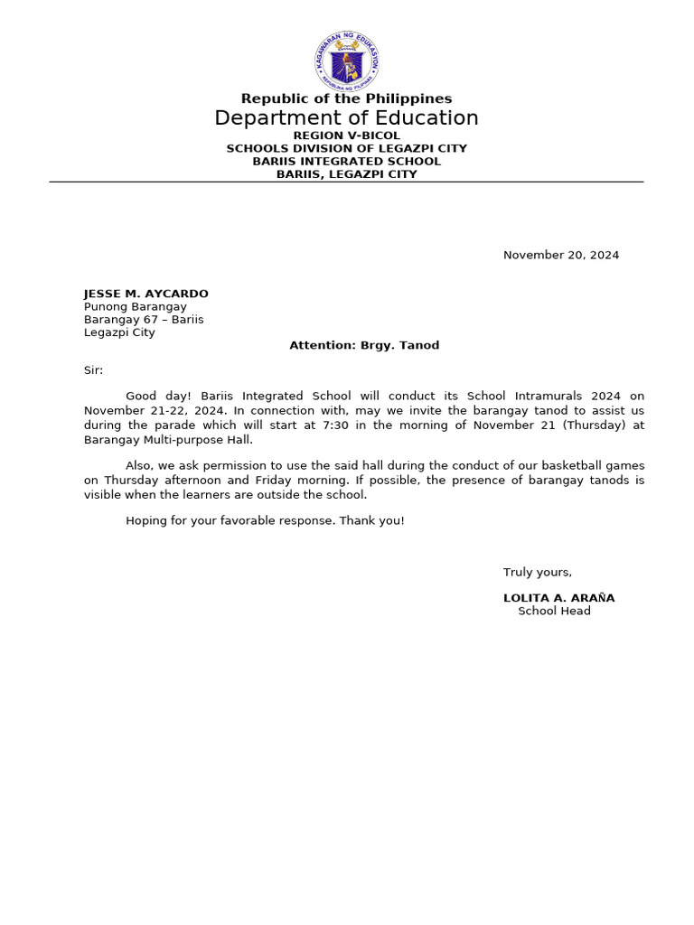 Bariis Integrated School Intramurals 2024 | PDF
