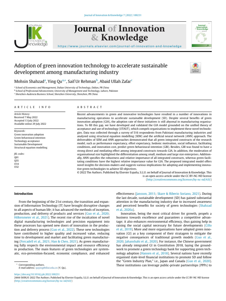 Shahzad Et Al. - 2022 - Adoption of Green Innovation Technology to Acceler | PDF | Innovation ...