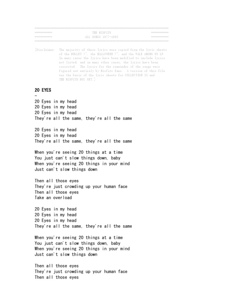 The Misfits Lyrics 1977-1983 | PDF | Halloween