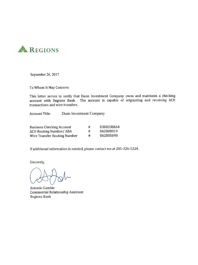Regions Account Verification Letter | PDF