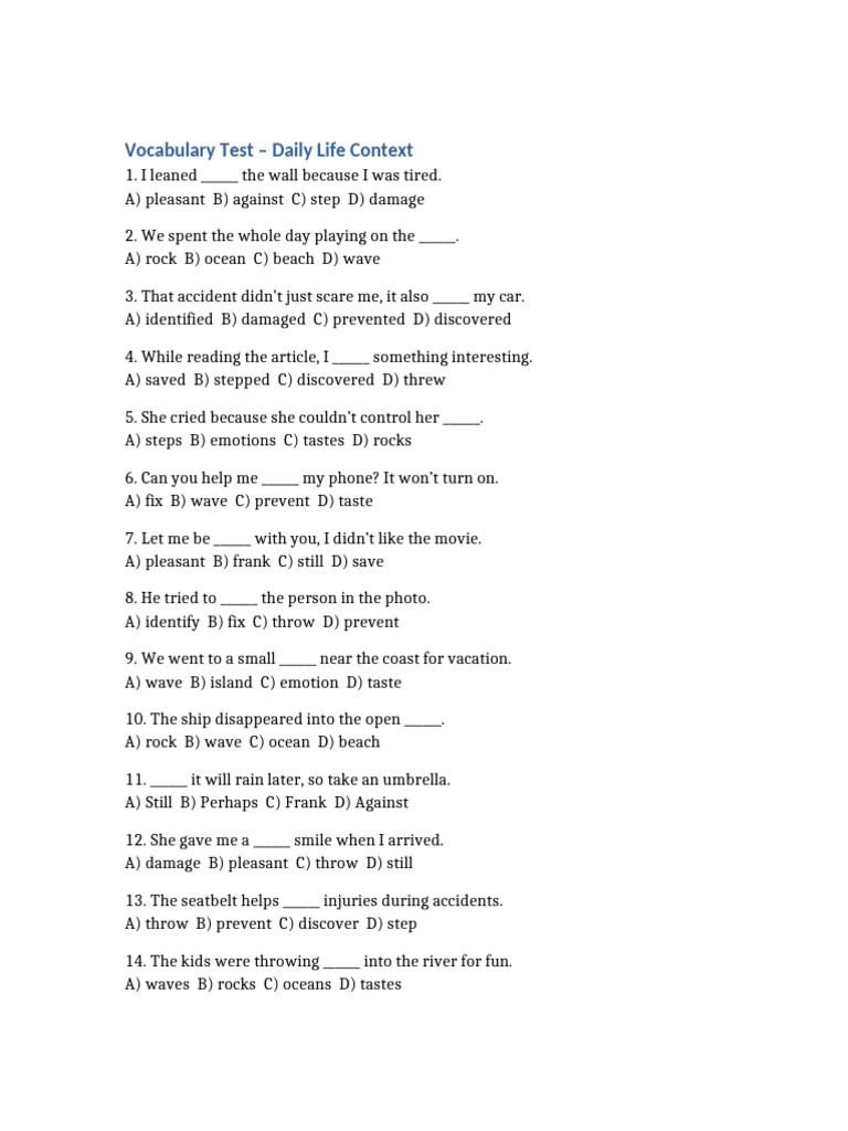 Vocabulary Test: Daily Life Scenarios | PDF