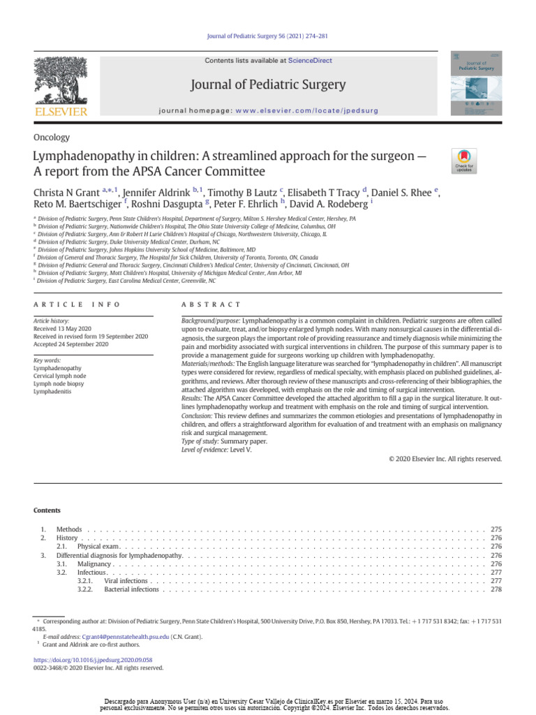 Lymphadenopathy in Children A Streamlined Approach For The Surgeon - A Report From The APSA ...