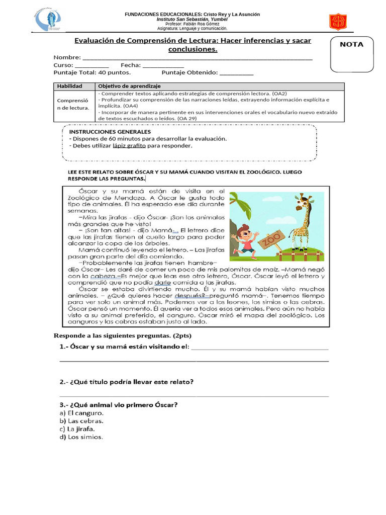 Evaluación Comprensión de Lectura Hacer Inferencias y Sacar ...